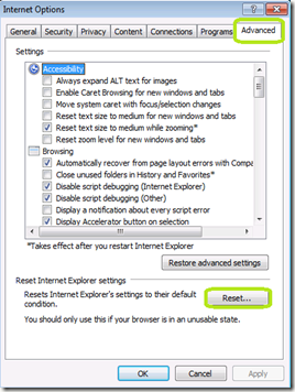 Reset Internet Explorer Settings (REIS) Feature